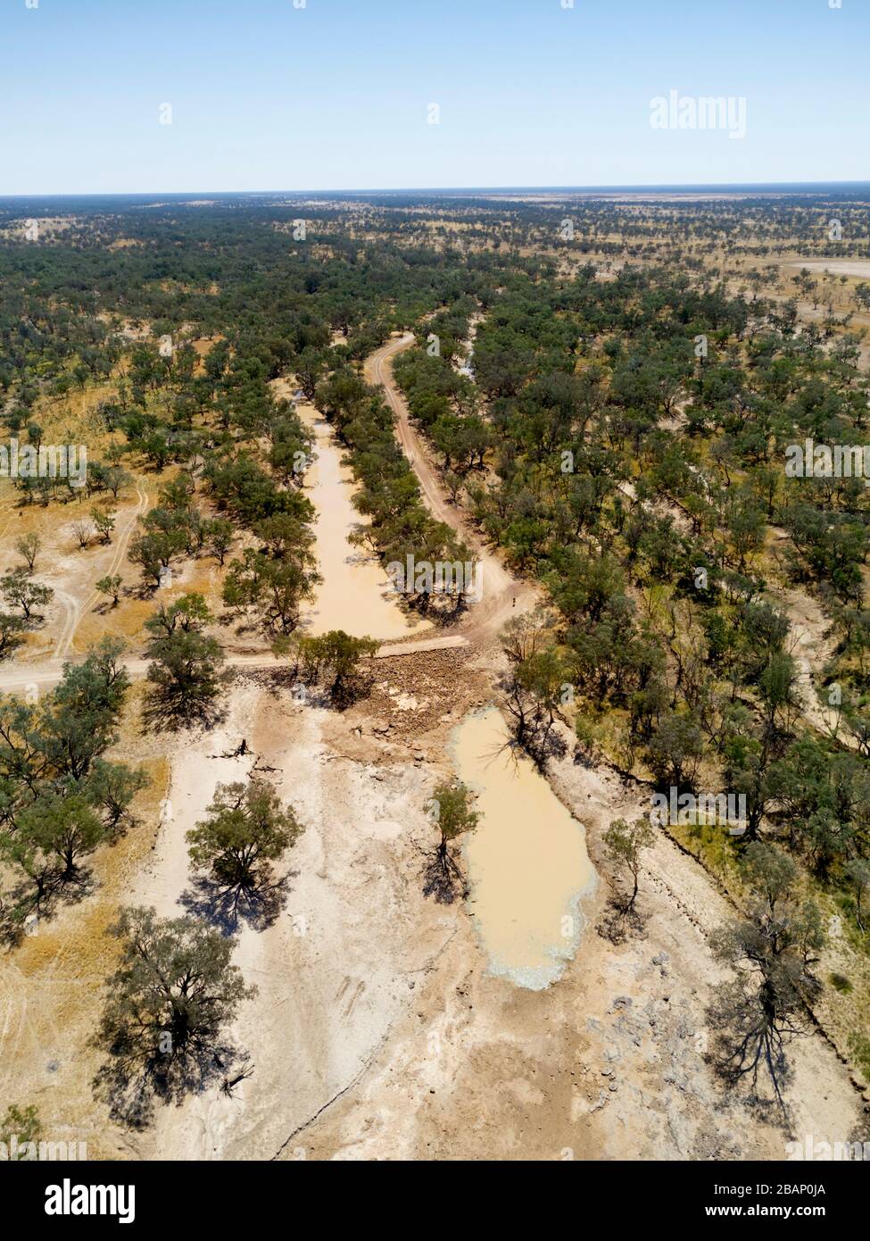 Aerial of the Bulloo River during extended drought at Soonah Crossing ...