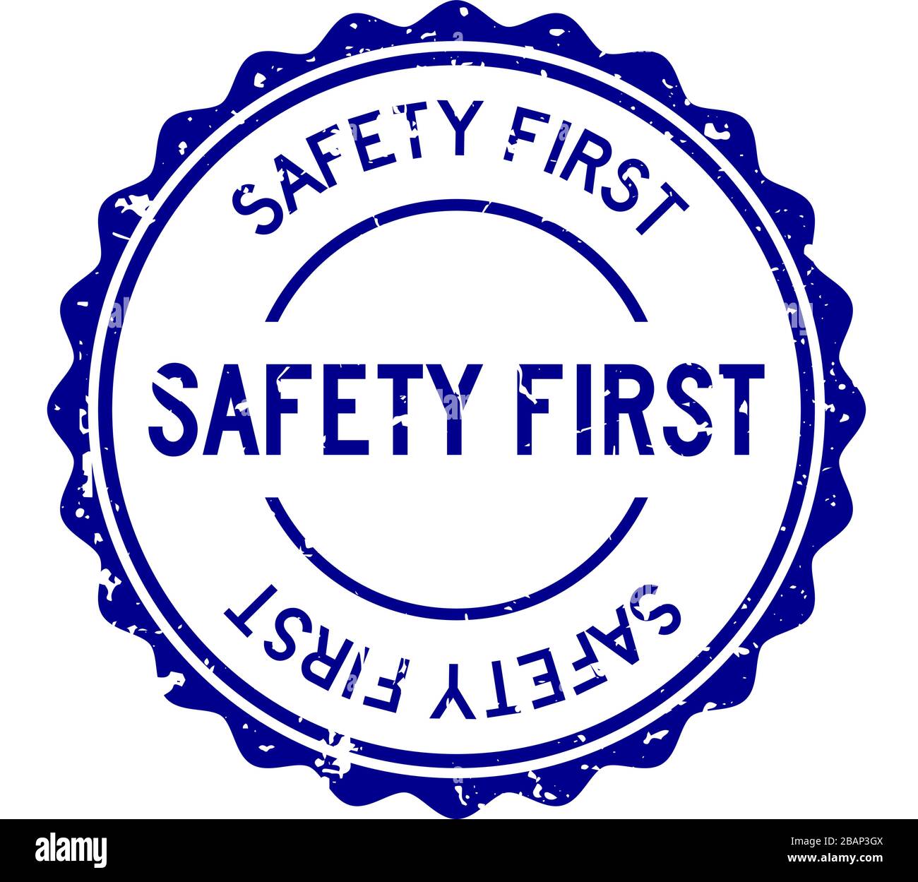 Grunge blue safety first word round rubber seal stamp on white ...