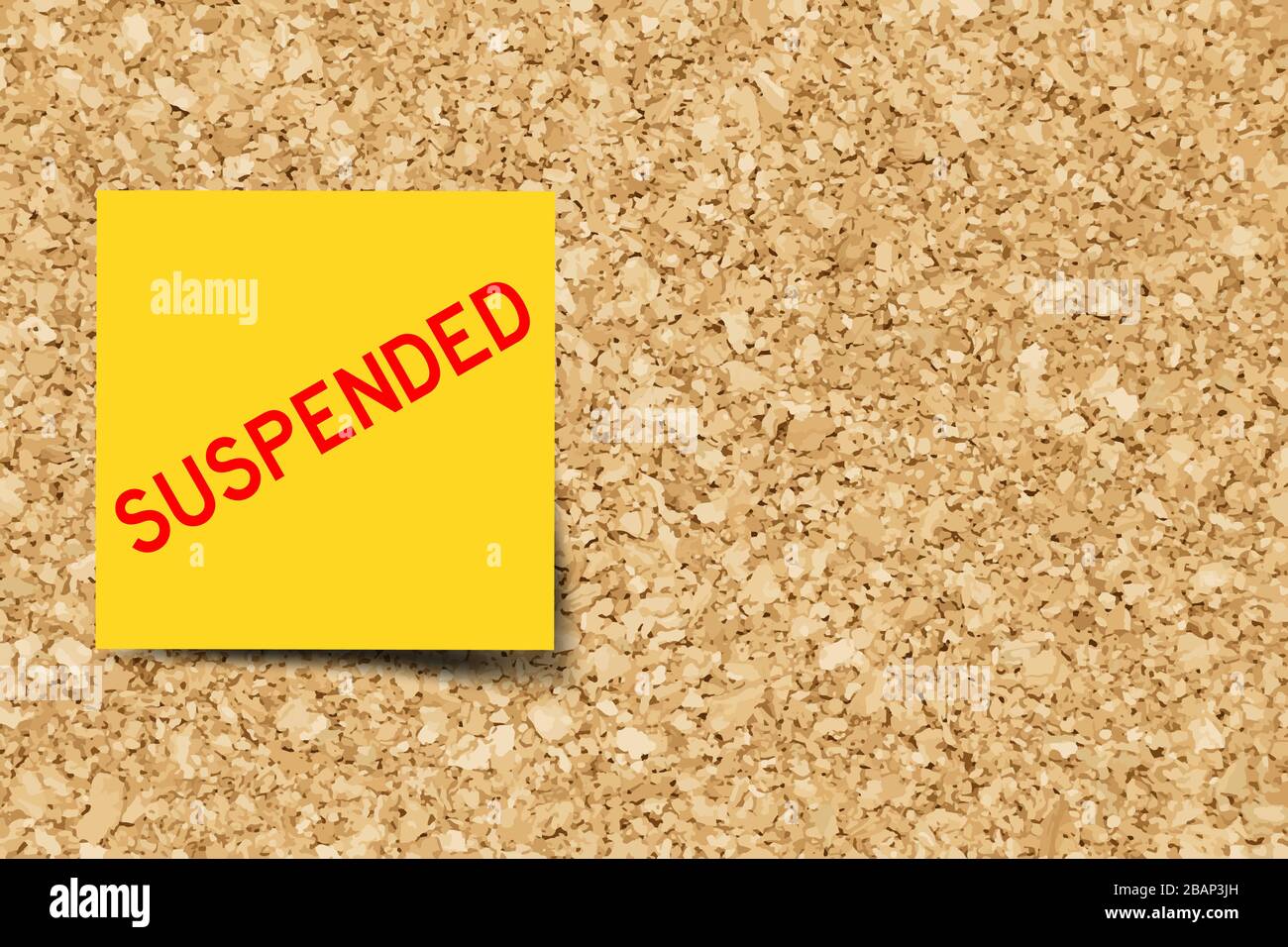 Yellow note with word suspended on cork board background with copy ...