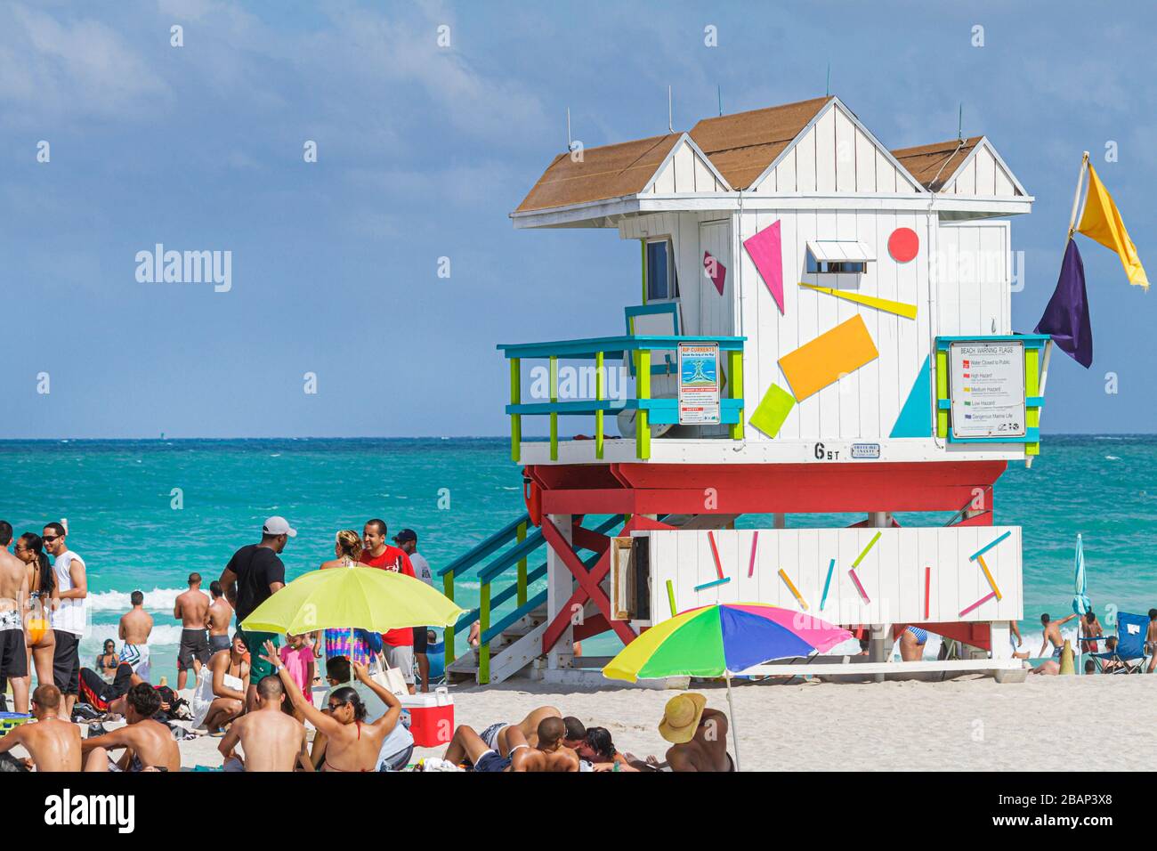 Miami Beach Florida,Atlantic Ocean water lifeguard station,sunbathers ...
