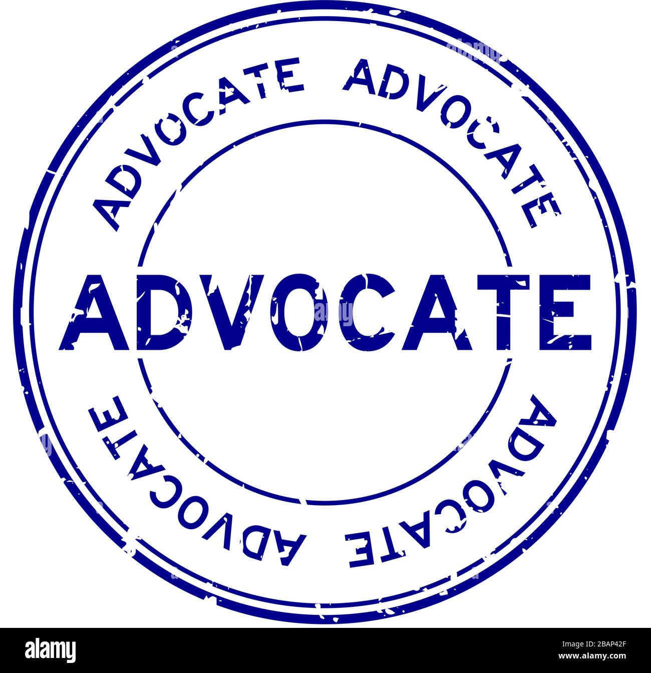 Grunge blue advocate word round rubber seal business stamp on white ...