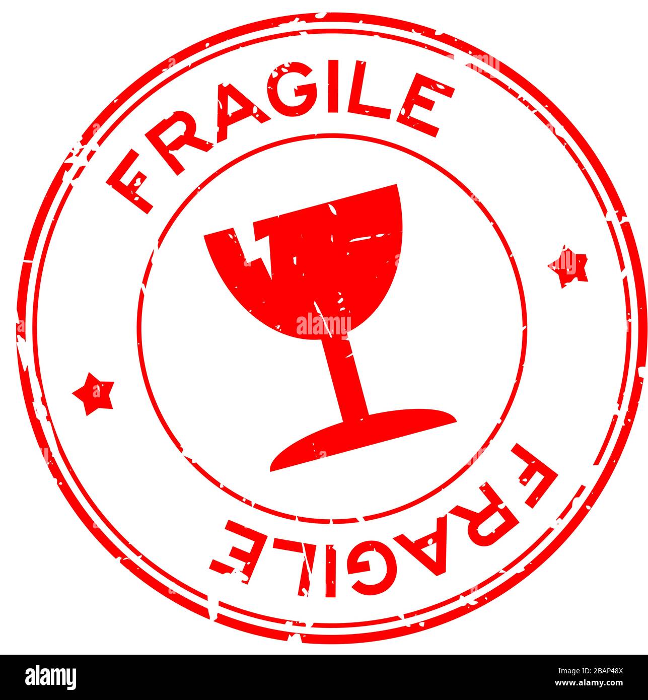 Grunge red fragile word with broken cup icon round rubber seal stamp on ...