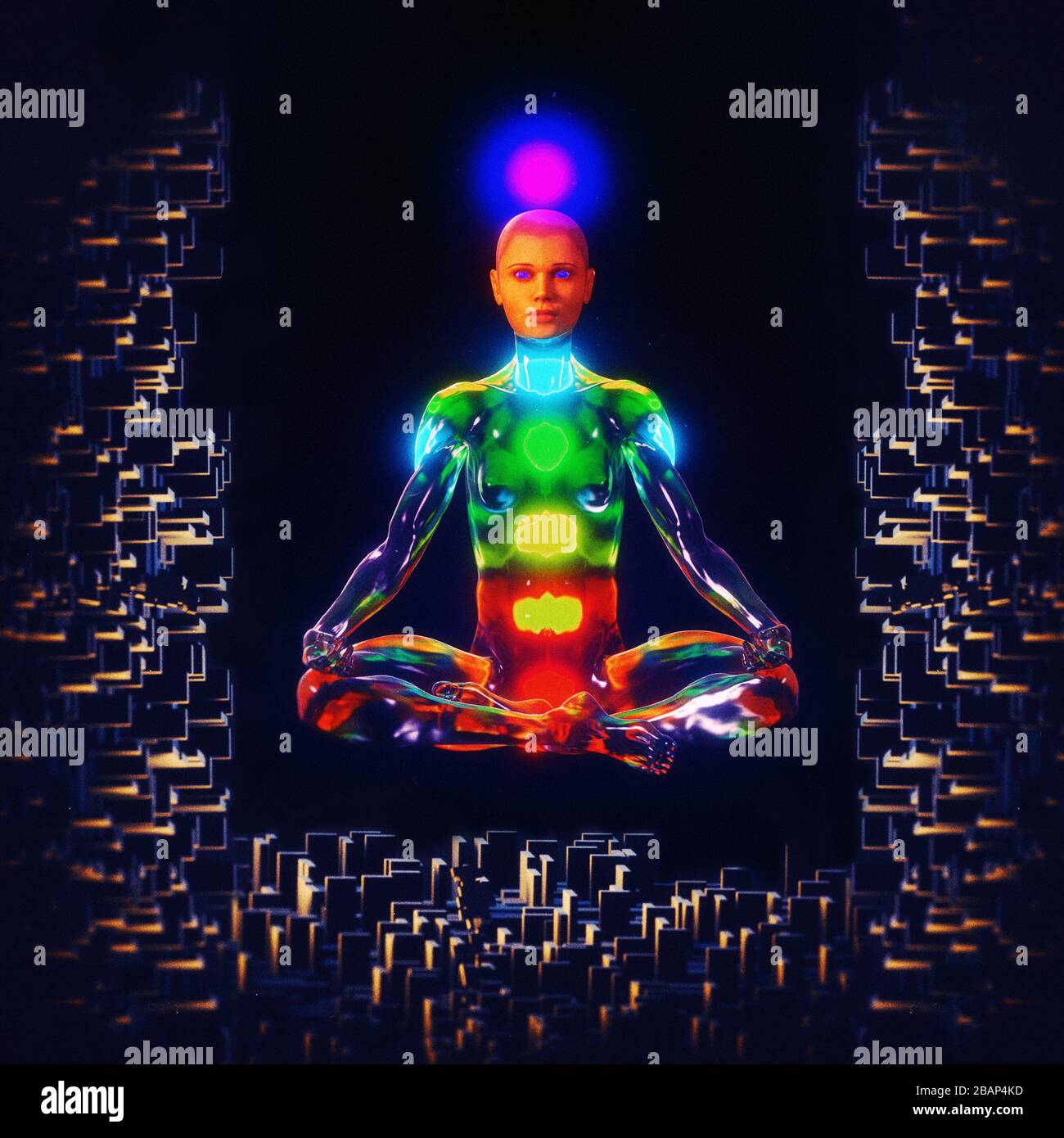 Abstract 3d rendering illustration of a powerful spiritual meditating ...