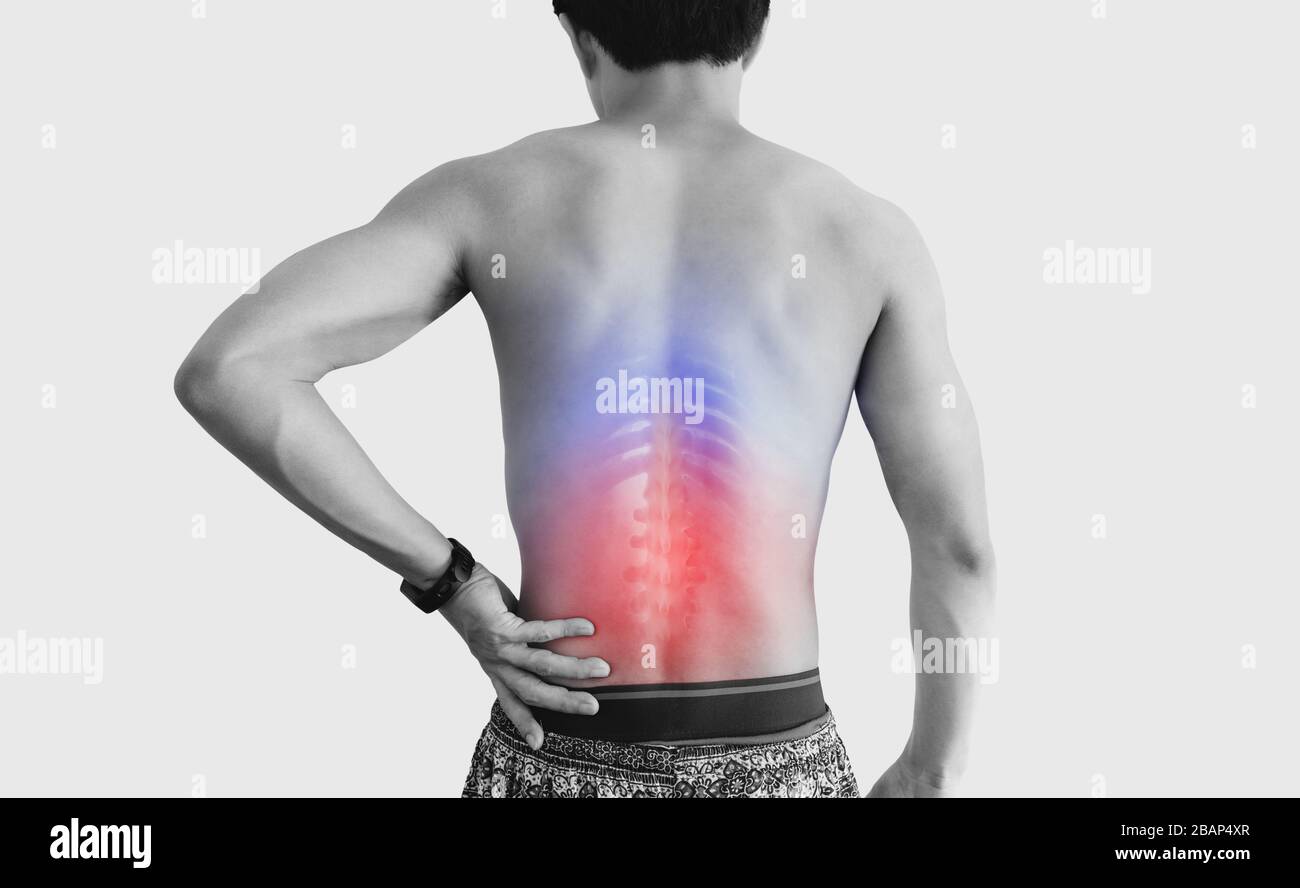 Lower back pain. Shirtless man touching his back with red highlight, on ...