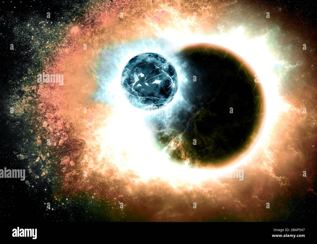 Artistic 3d rendering illustration of two planets collide Stock Photo ...