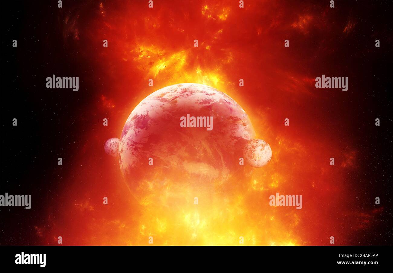 Artistic 3d illustration of a planet burning in apocalyptic way Stock ...