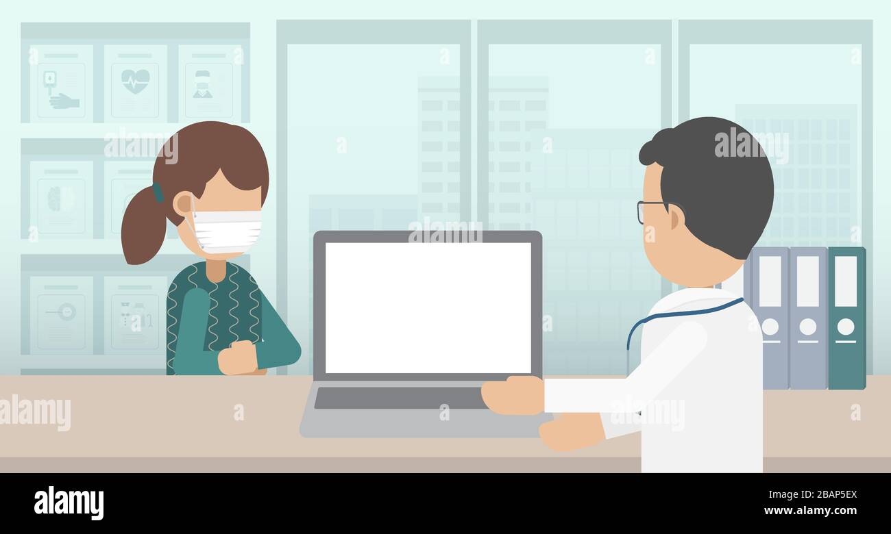 Doctor with empty screen notebook patient wear mask characters vector ...