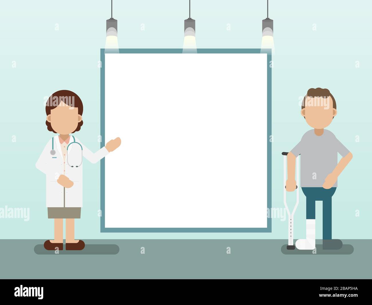 Doctor with blank board and patient injured characters vector ...