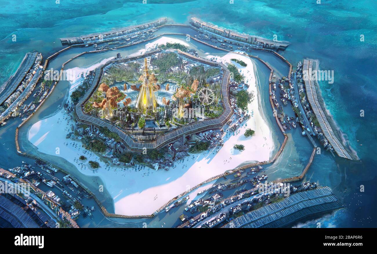 Artistic 3d illustration of a hex shaped island in the ocean Stock ...