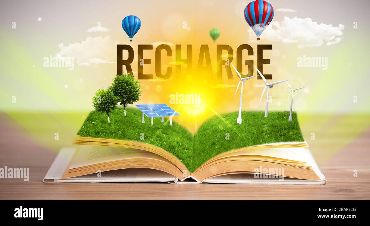 Open book with RECHARGE inscription, renewable energy concept Stock ...