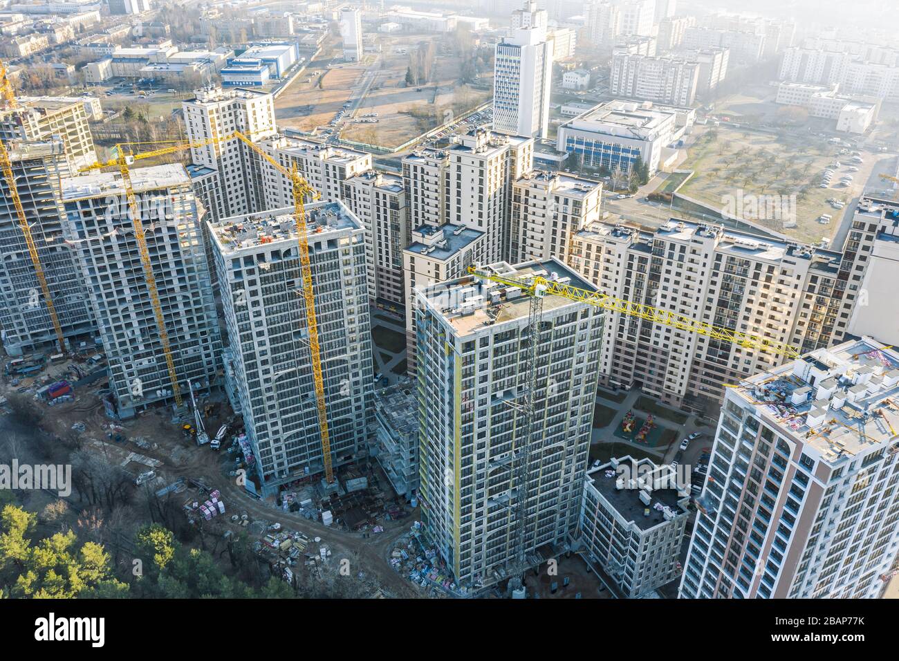 aerial topdown view of large construction site in city. new high-rise ...