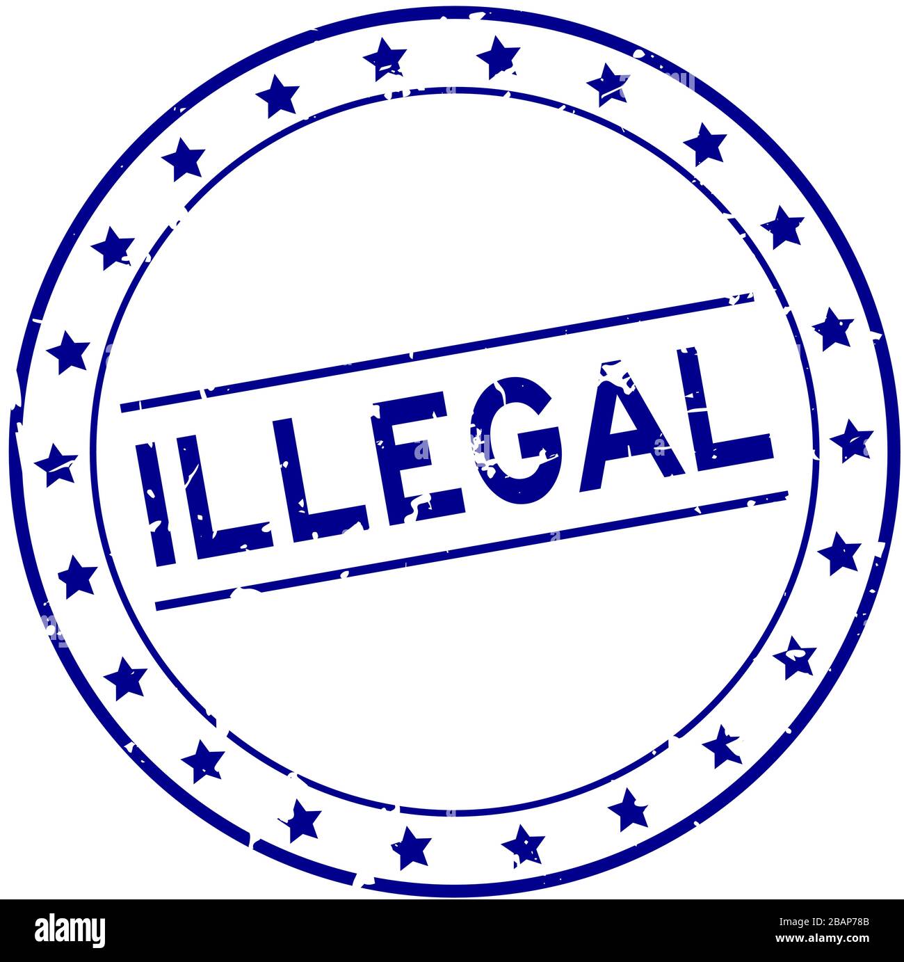 Grunge blue illegal word round rubber seal stamp on white background ...