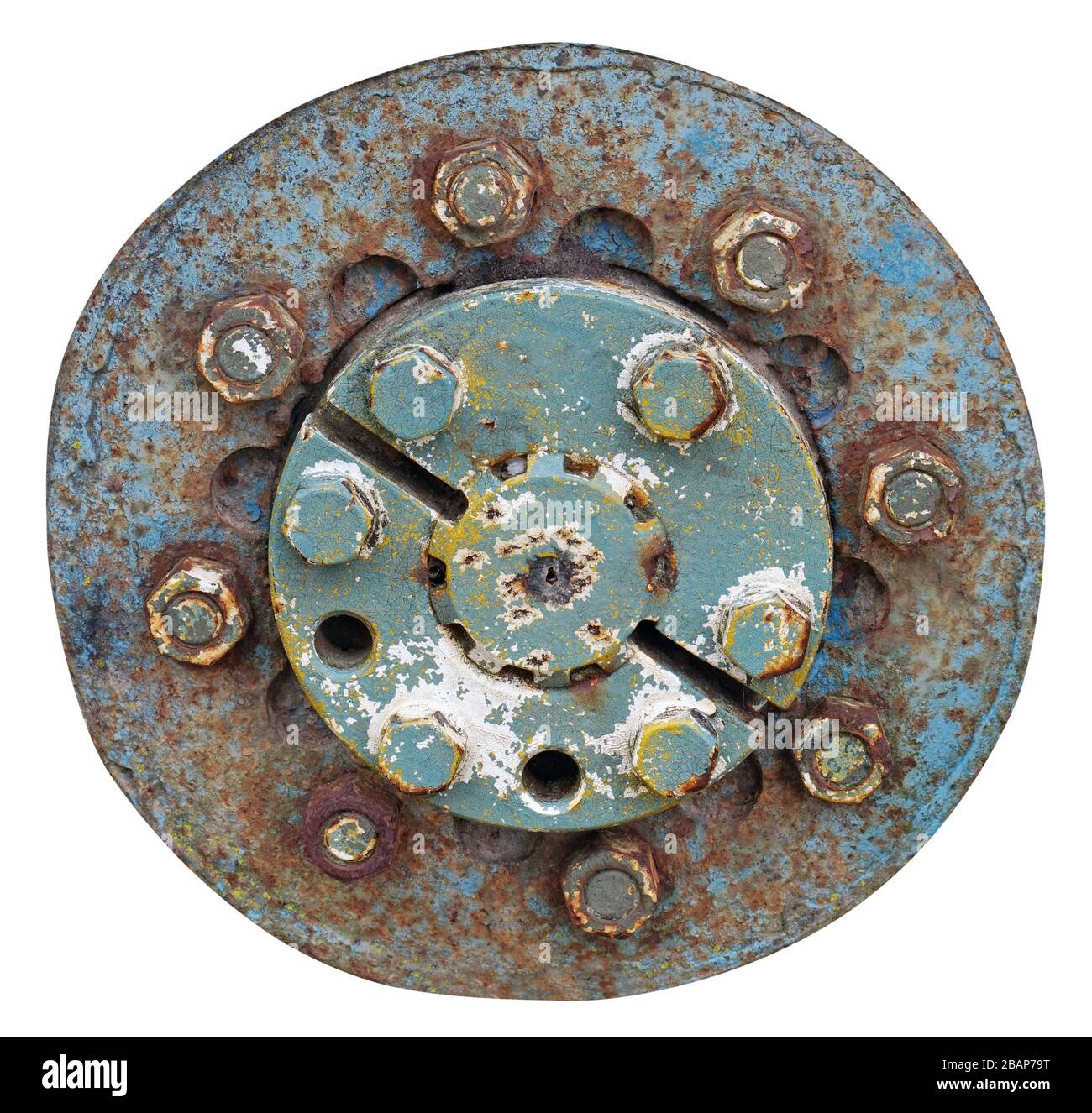 Rusty hard solid iron wheel with bolts and nuts from an retro tractor ...