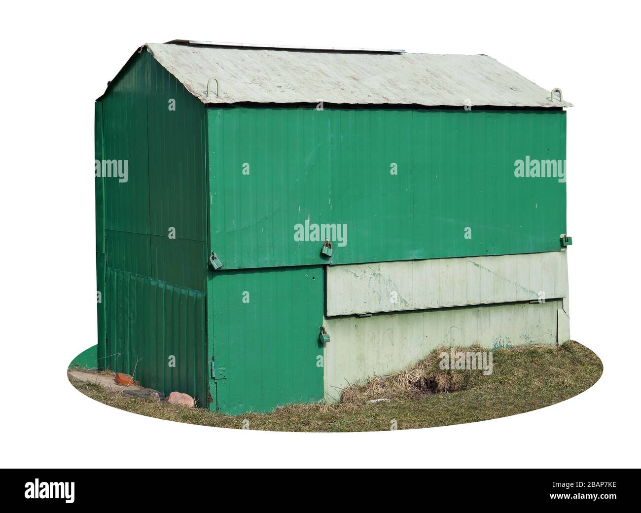 The very small locked green metal rural shed. Isolated on white Stock ...