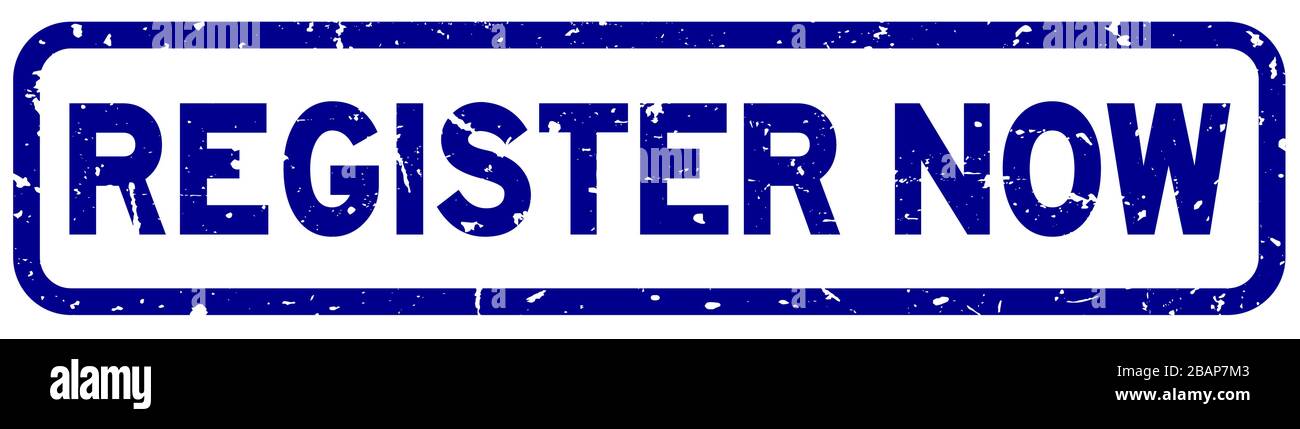 Grunge blue register now word rubber seal stamp on white background ...