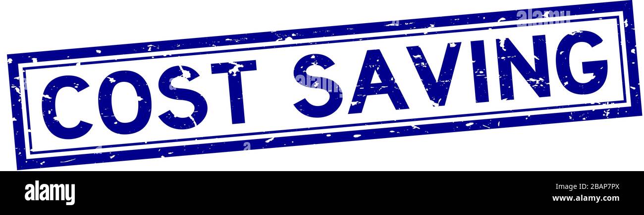 Grunge blue cost saving word square rubber seal stamp on white ...