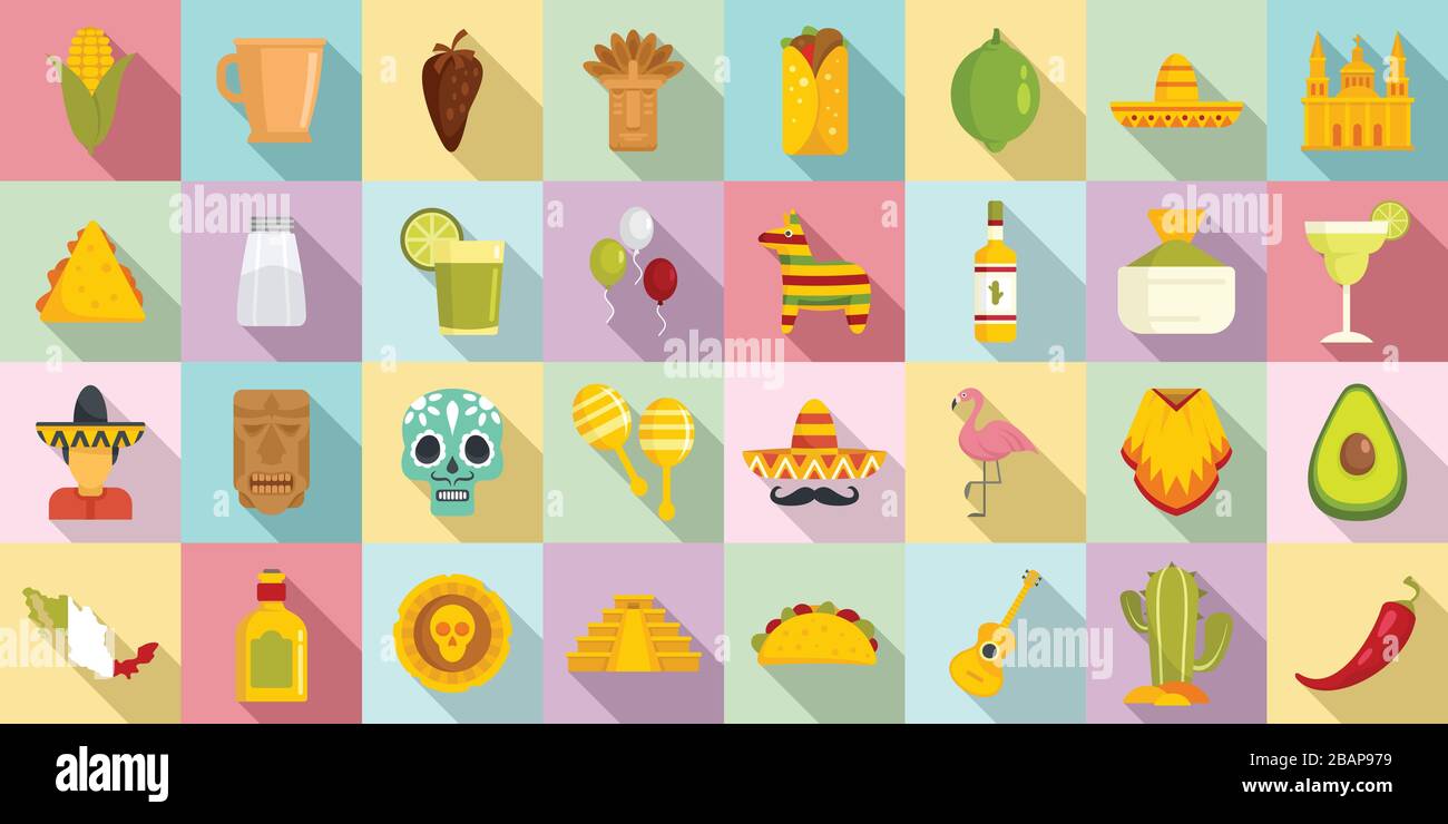 Mexico icons set. Flat set of Mexico vector icons for web design Stock ...
