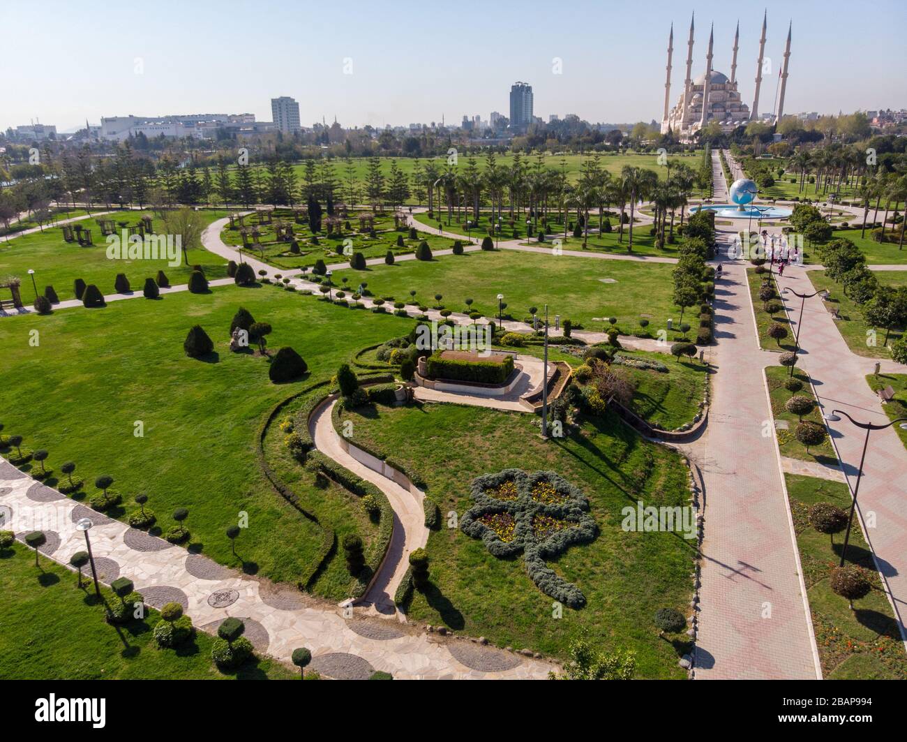 Aerial view of Sabancı Mosque, Adana Turkey on the side of Seyhan River ...