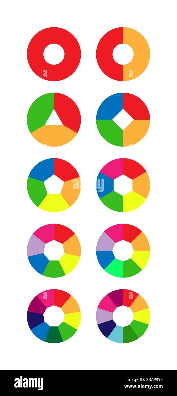 set of colored pie charts for 1,2,3,4,5,6,7,8,9,10 steps or sections to ...