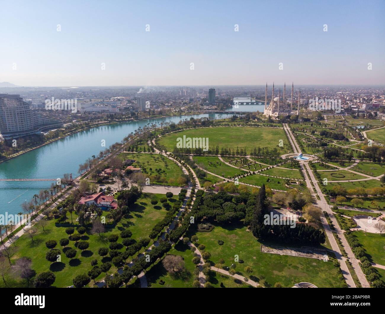 Aerial view of Sabancı Mosque, Adana Turkey on the side of Seyhan River ...