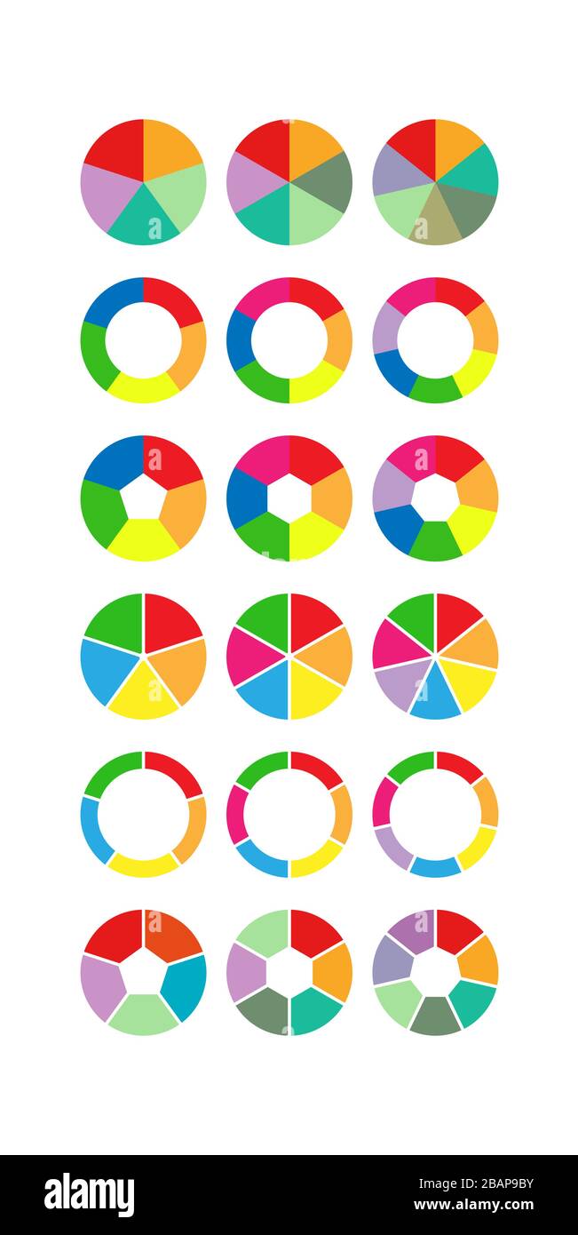 Set of color pie charts for 5, 6, 7 steps or sections to illustrate a ...