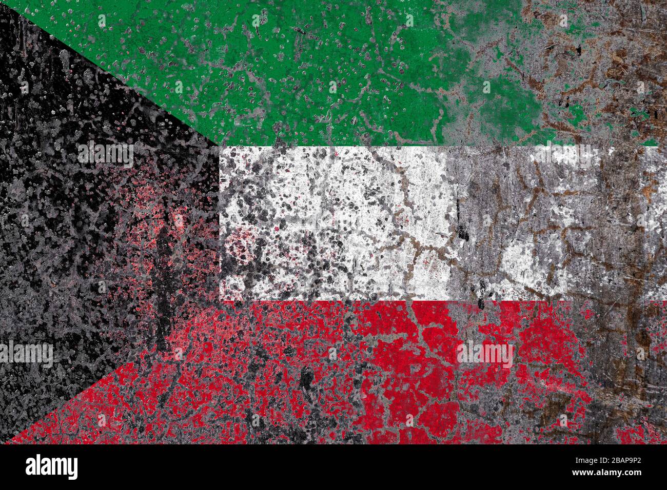 National flag of Kuwait on old peeling wall background.The concept of ...