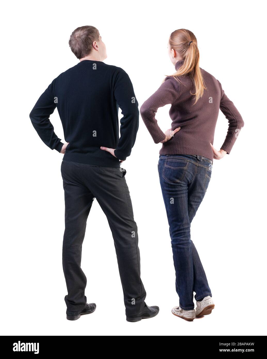 Back view couple in sweater. beautiful man and woman. Rear view people ...