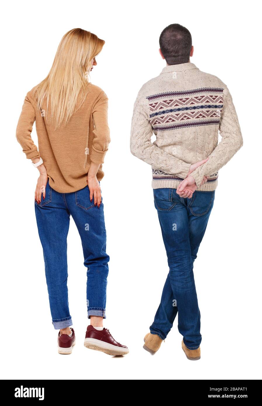 Back view couple in sweater. beautiful man and woman. Rear view people ...