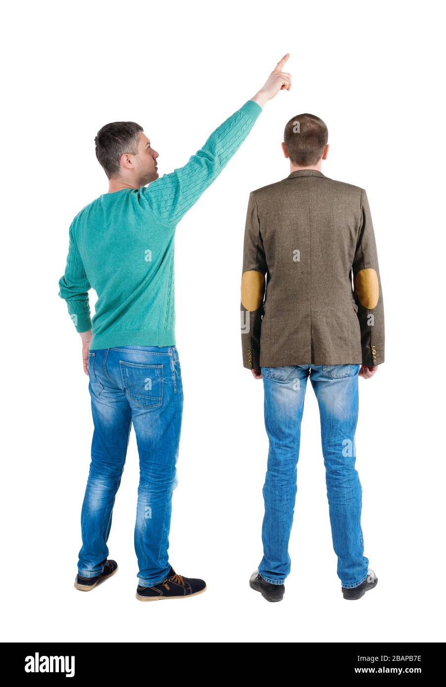 Back view of two man in sweater pointing. Rear view people collection ...