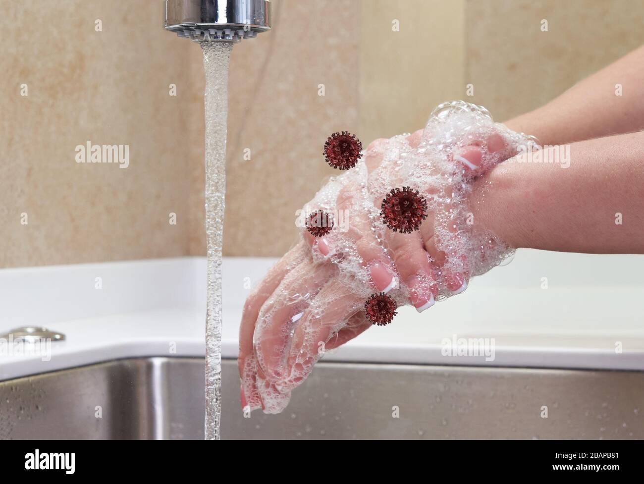 Washing hands with viruses around. woman rinsing soap with running ...