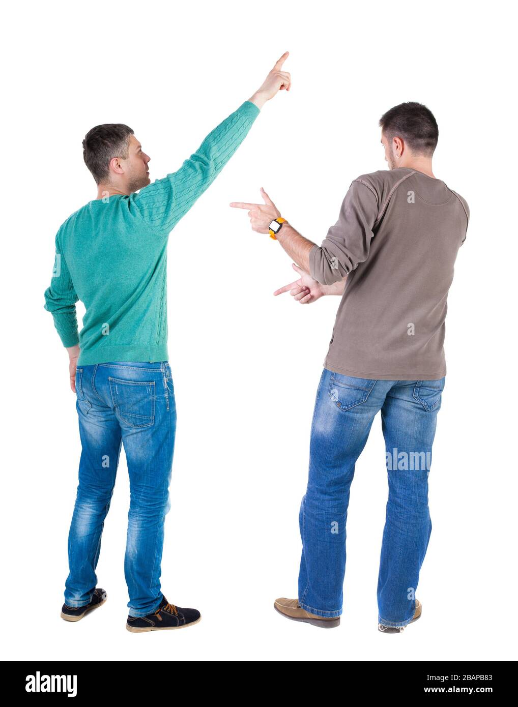 Back view of two man in sweater pointing. Rear view people collection ...
