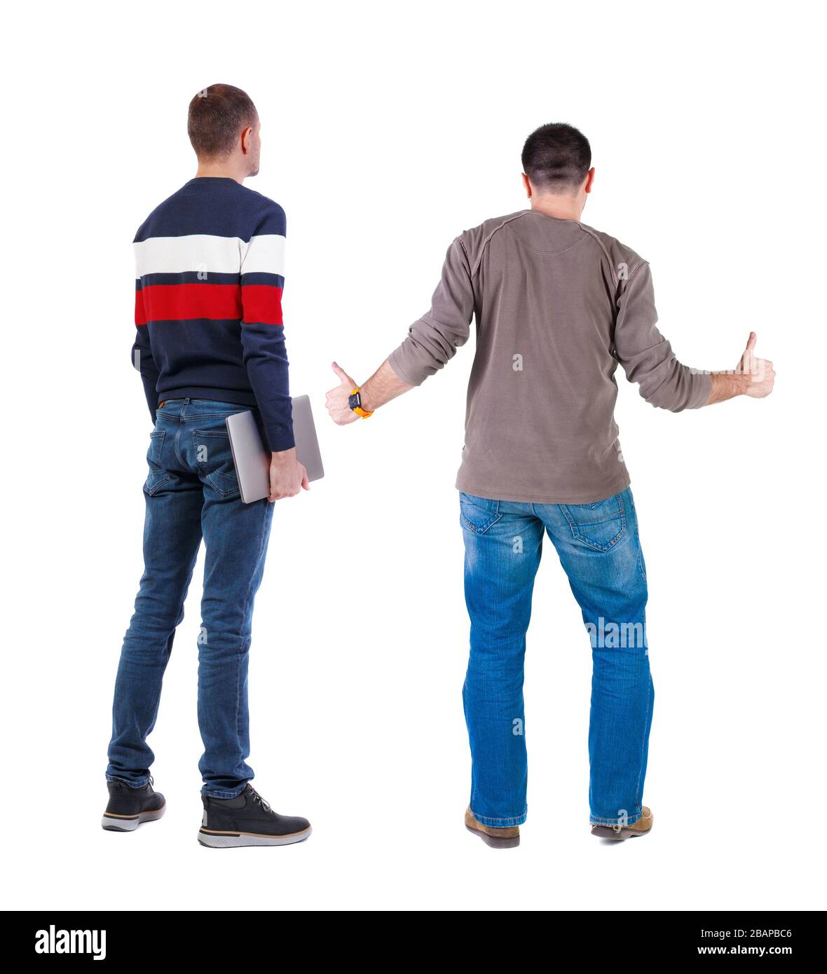 Back view two man in sweater with laptop. Rear view people collection ...
