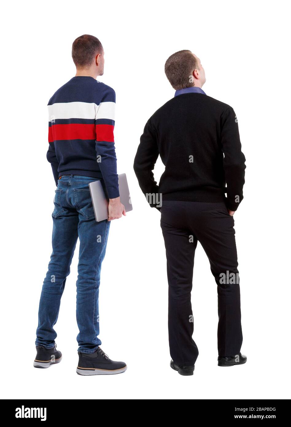 Back view two man in sweater with laptop. Rear view people collection ...