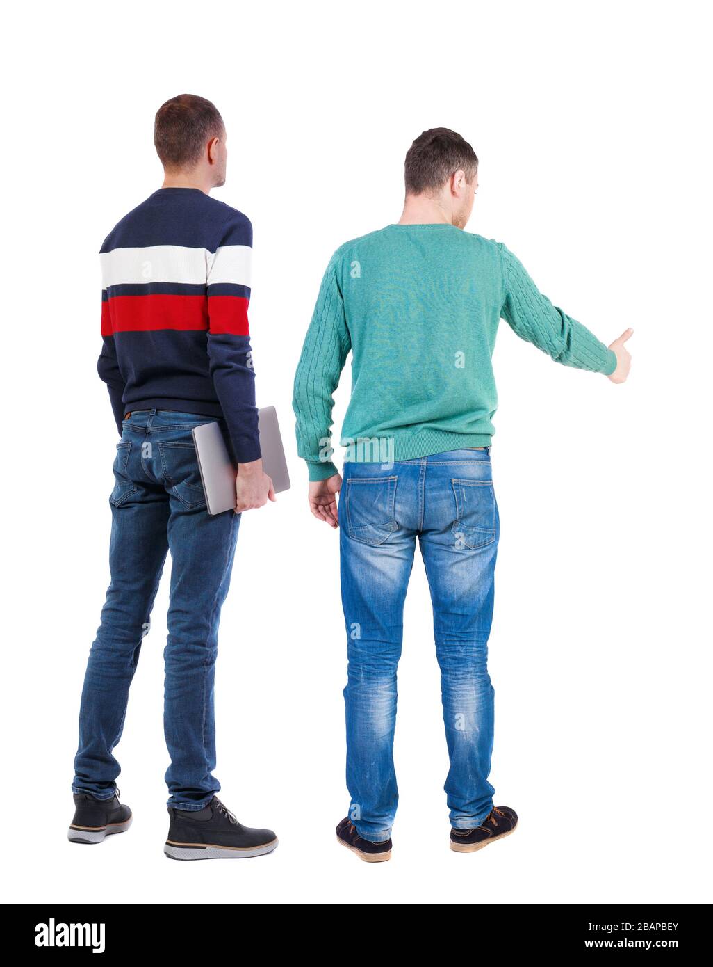 Back view two man in sweater with laptop. Rear view people collection ...