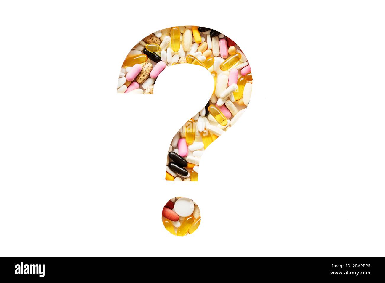 Question mark made of mix pills as a medical concept, isolated on white ...