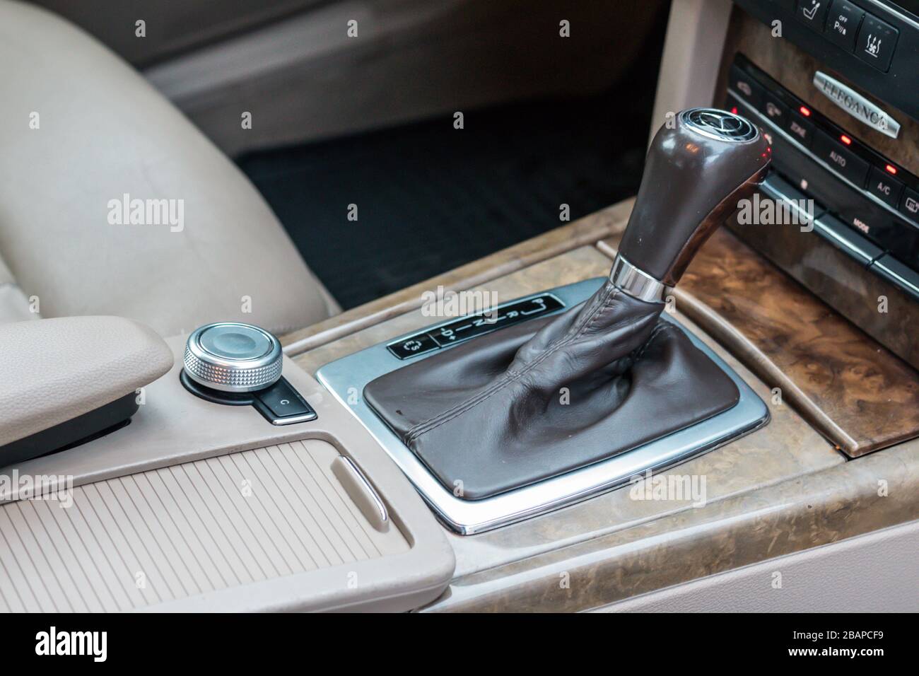 Automatic transmission gear, car interior. Automatic gear stick of a ...