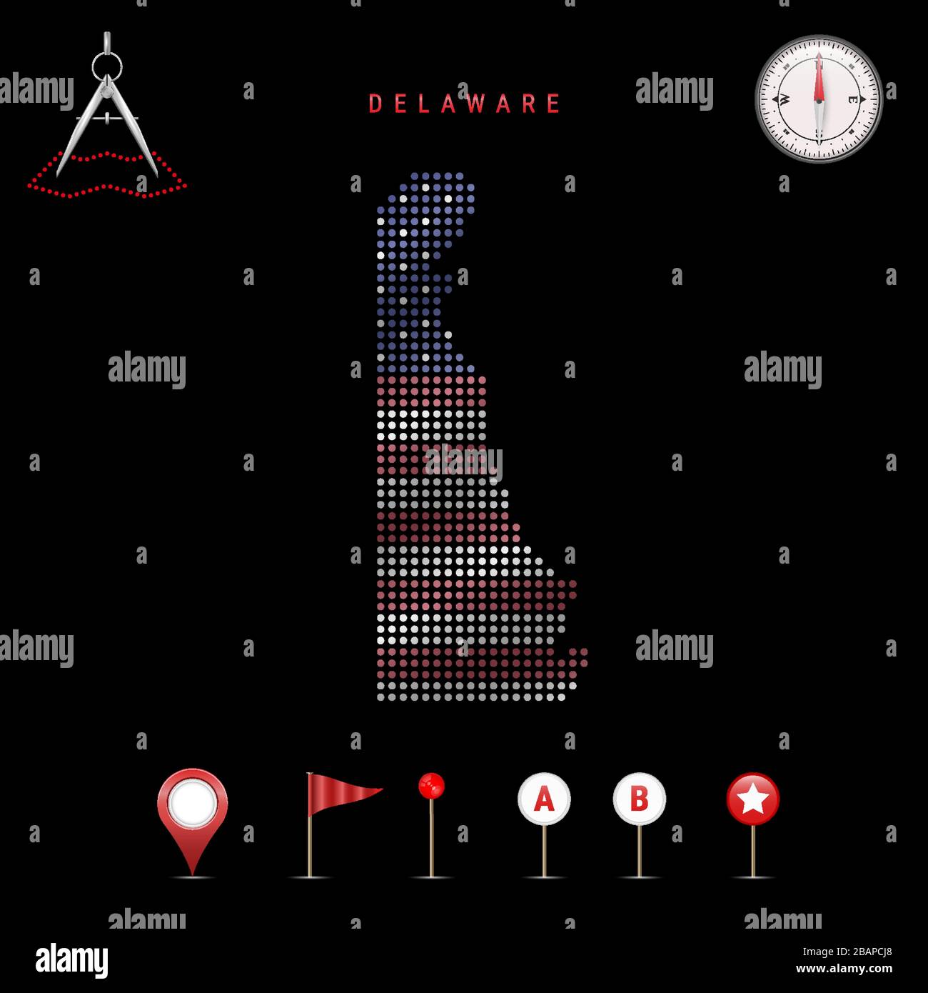 Dotted map of Delaware painted in the colors of the national flag of ...