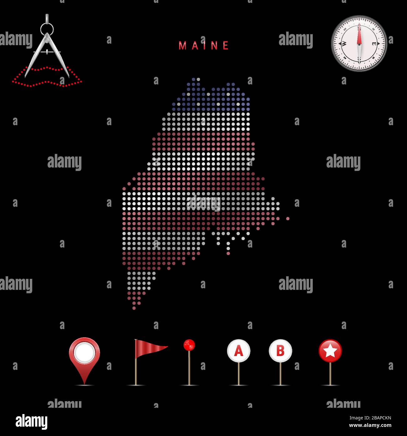 Dotted map of Maine painted in the colors of the national flag of the ...