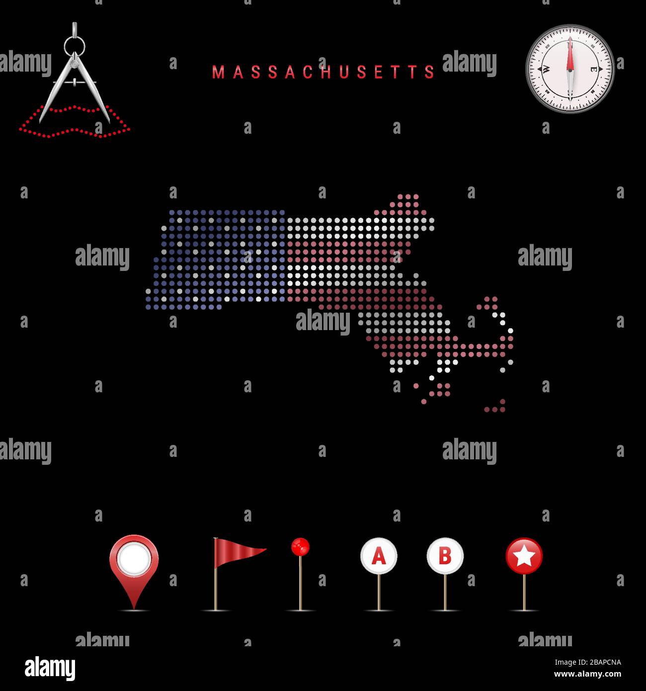 Dotted map of Massachusetts painted in the colors of the national flag ...