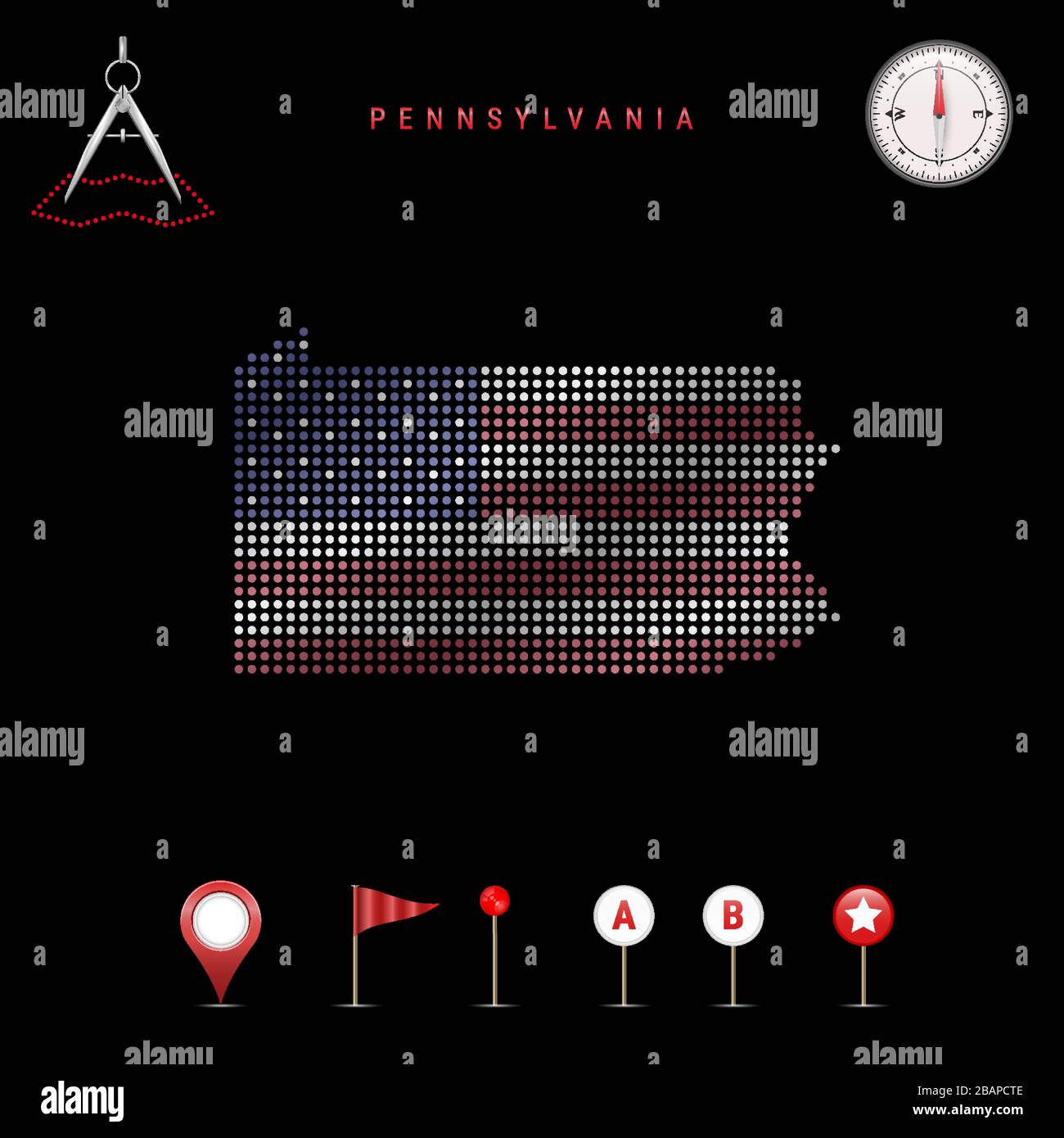 Dotted map of Pennsylvania painted in the colors of the national flag ...