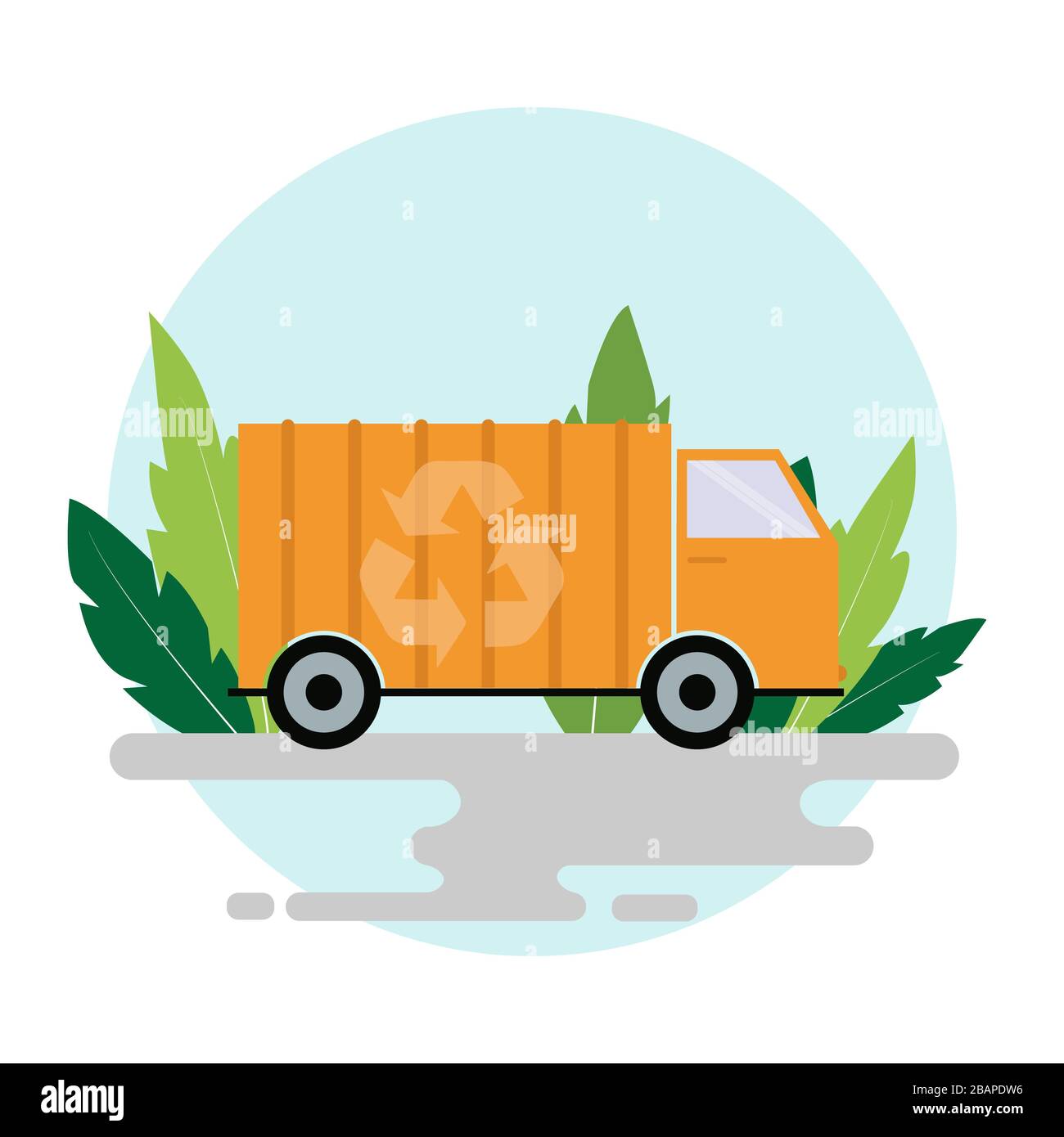 Waste utilization. Sanitation truck with recycling symbol on white ...