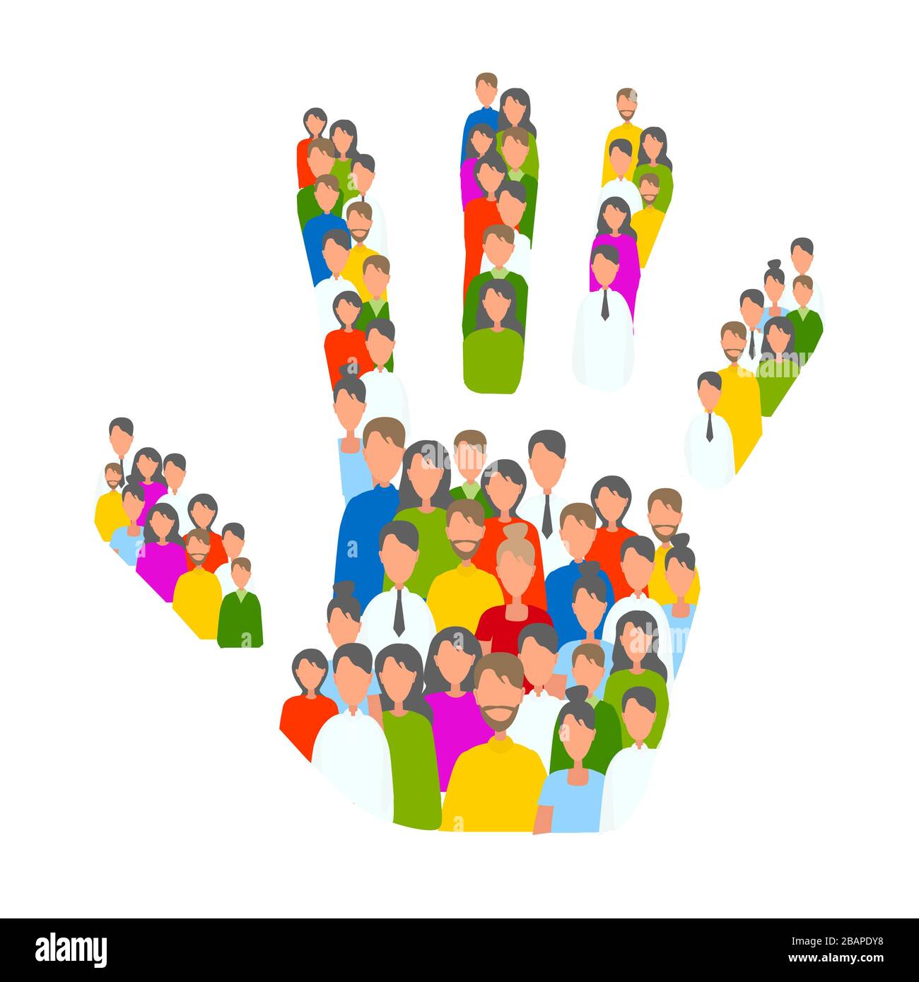 Unity and volunteering. Illustration with human hand made of different ...