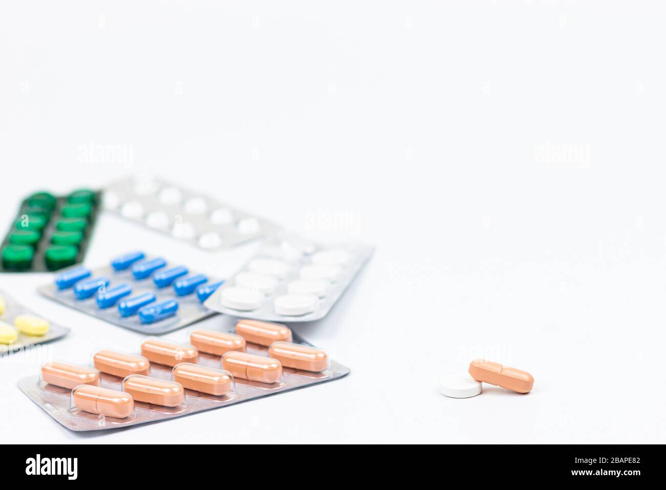 Pills and drugs. Medicine, capsules in blister, tablets, injection ...