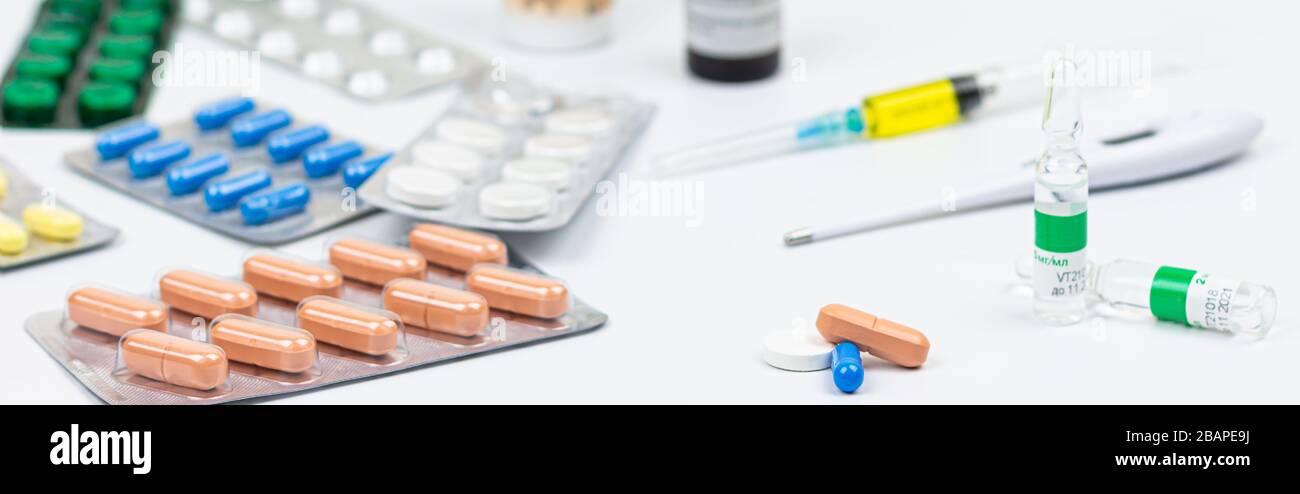 Pills and drugs. Medicine, capsules in blister, tablets, injection ...