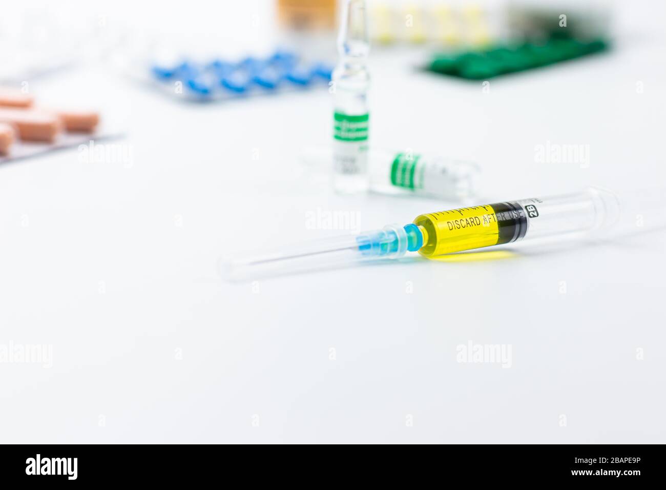 Pills and drugs. Medicine, capsules in blister, tablets, injection ...