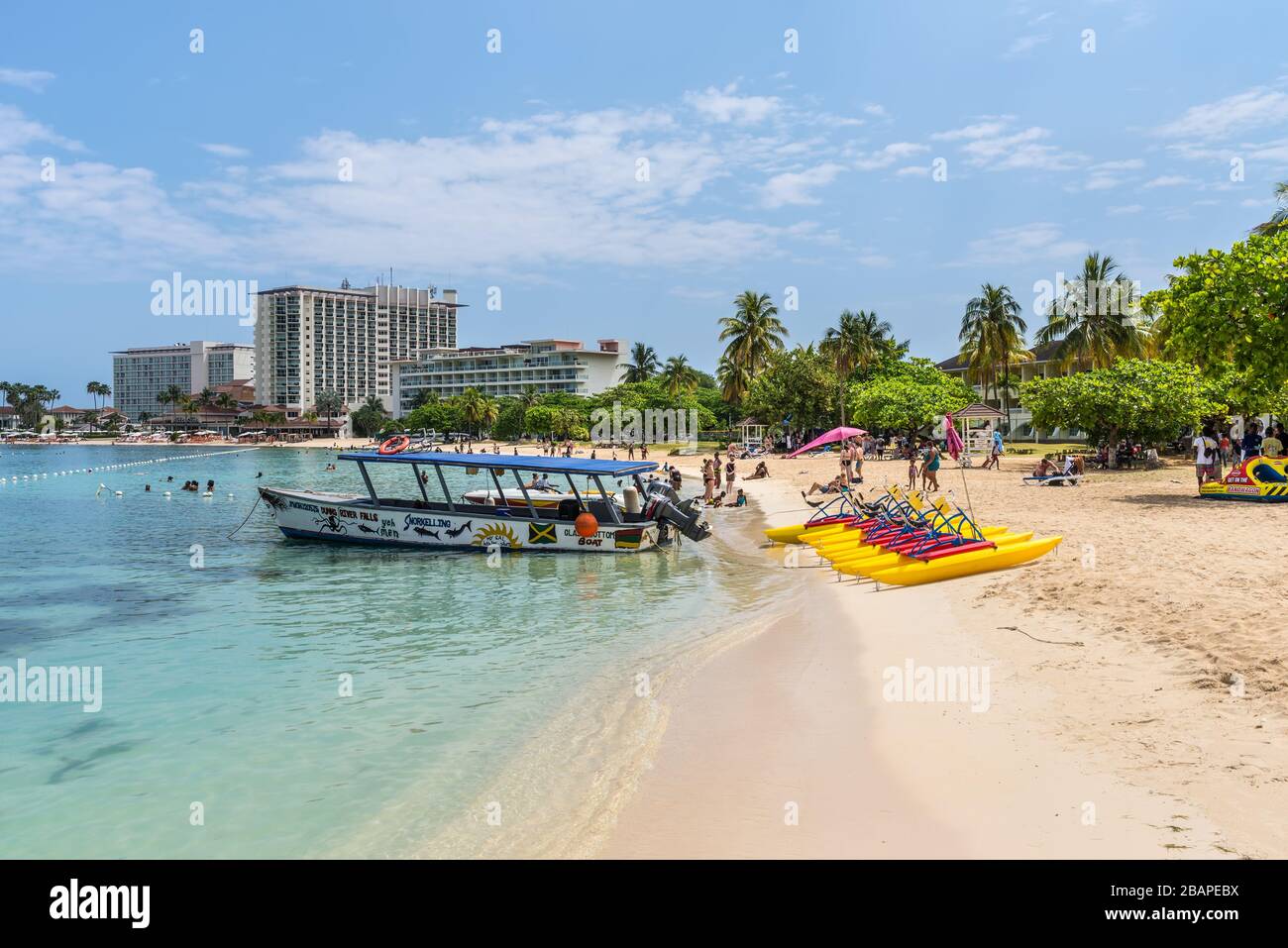 Ocho Rios, Jamaica - April 22, 2019: Motor boat and paddle boats ...