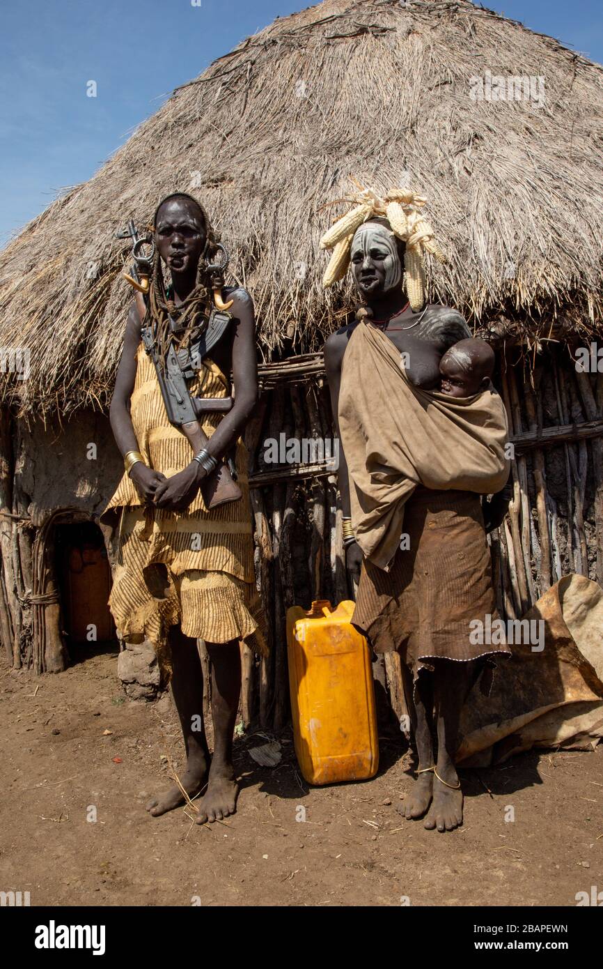 Mursi tribe village, Mago National Park, Omo Valley, Ethiopia Stock ...