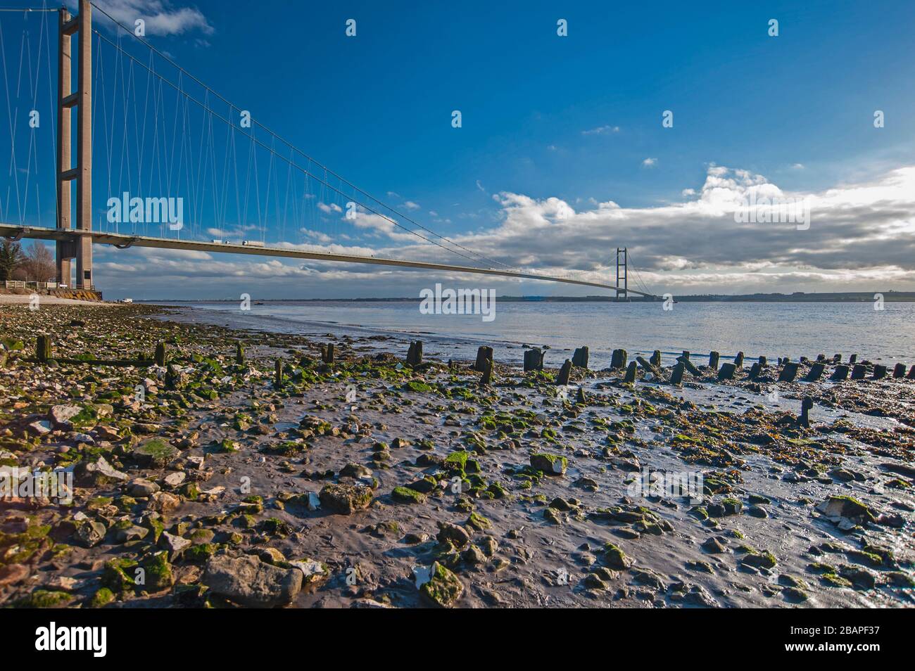 Large suspension bridge spanning a wide river estuary on a clear day ...