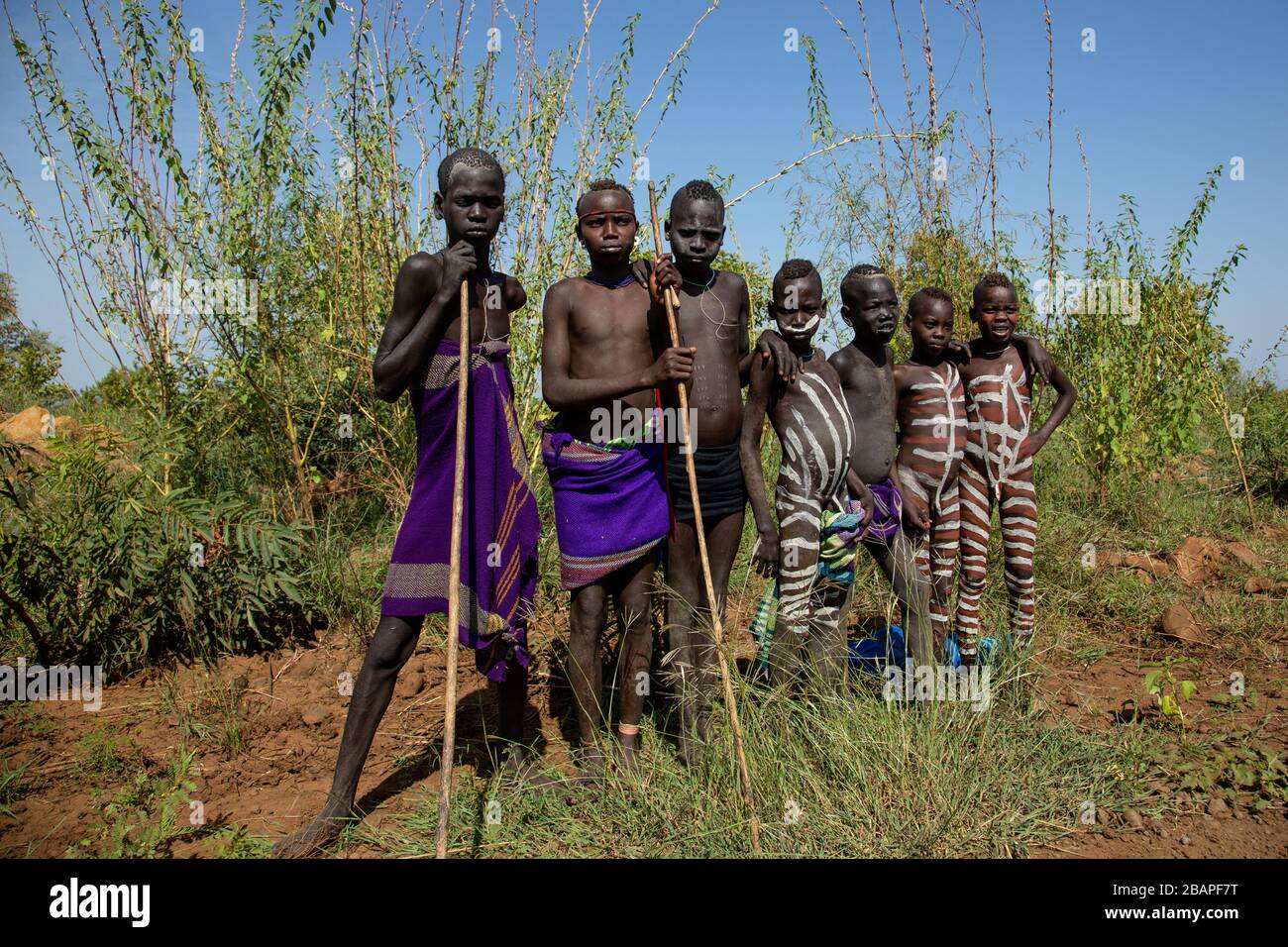 painted Mursi boys in Mago National Park, Lower Omo Valley of Ethiopia ...