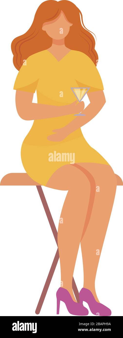 Modest woman with cocktail sitting on chair flat vector illustration ...